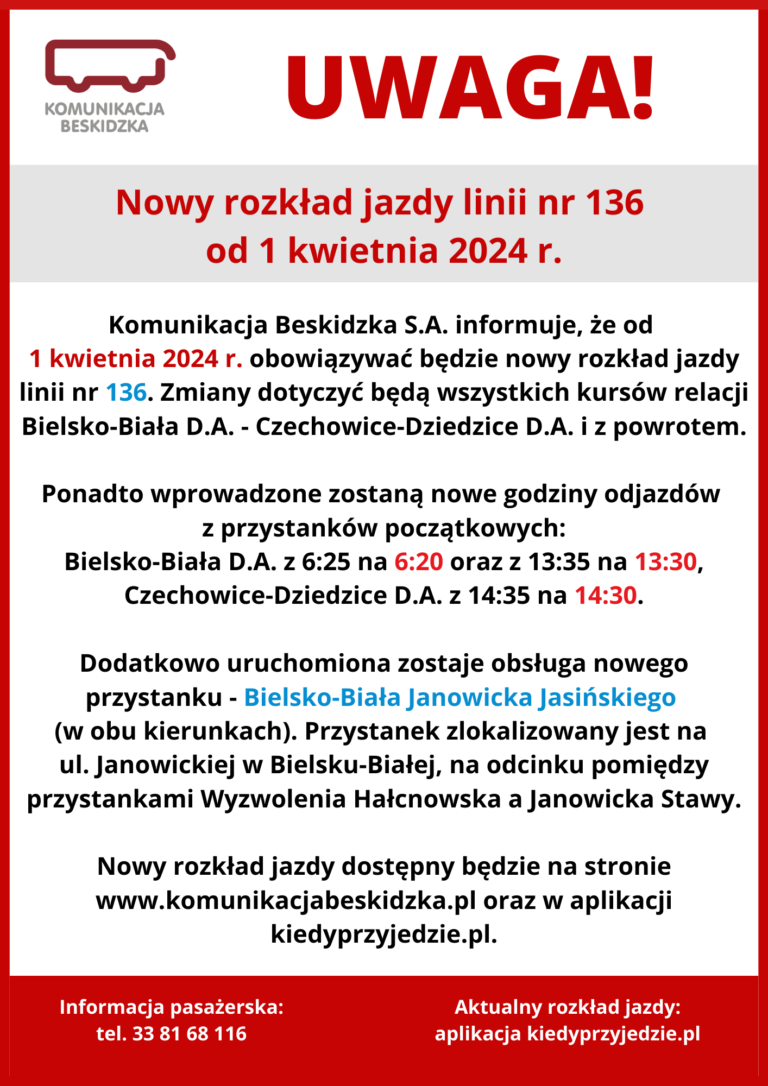 Nowy rozkład jazdy linii nr 136 – Komunikacja Beskidzka S.A.